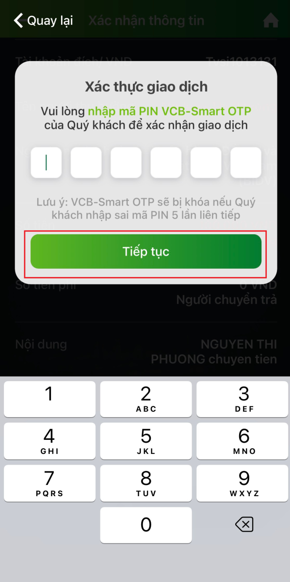 Hướng dẫn nộp tiền từ app Vietcombank/VCB sang tài khoản định danh của TVSI tại BIDV